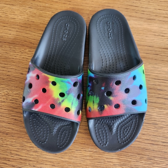 CROCS | Shoes | Crocs Rainbow Tiedye Slides Kids Size 3 | Poshmark